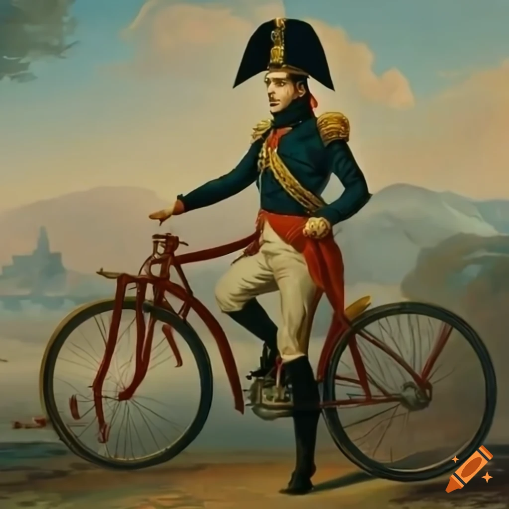 Vintage depiction of napoleon riding a bike on Craiyon