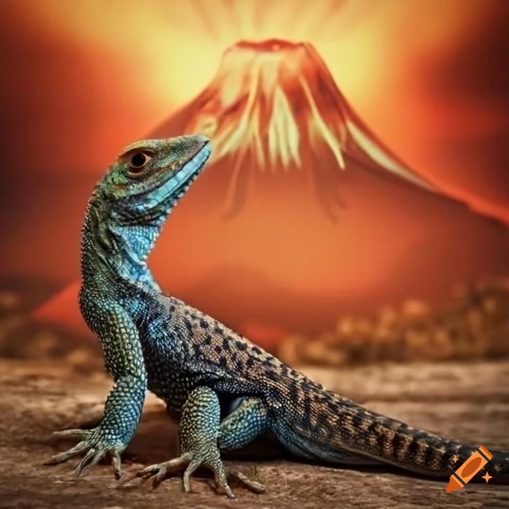 Lizard with large scales in front of a volcano