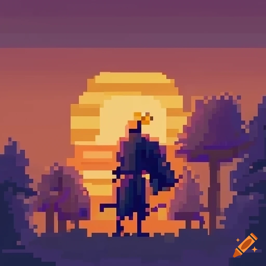 Pixel art of a knight standing against a beautiful sunset on Craiyon