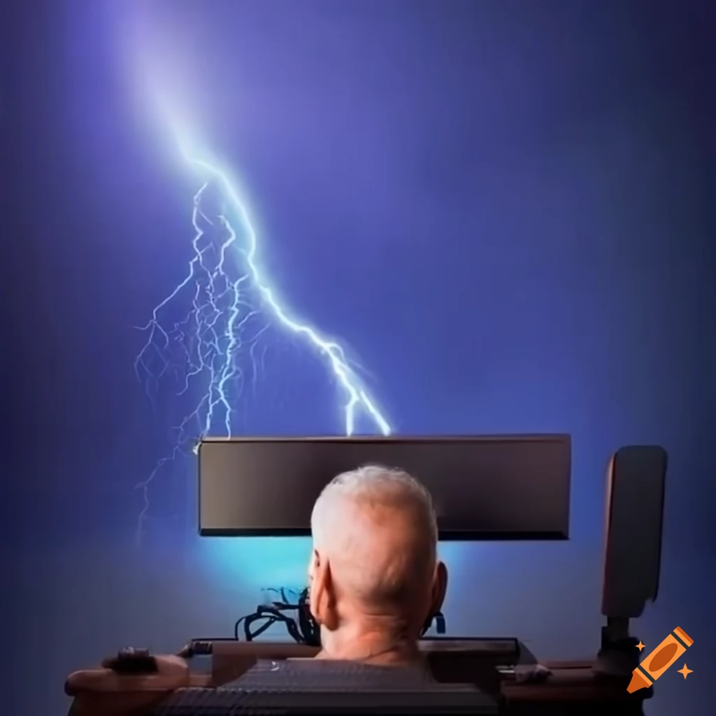 Bearded man working on computer with lightning in background
