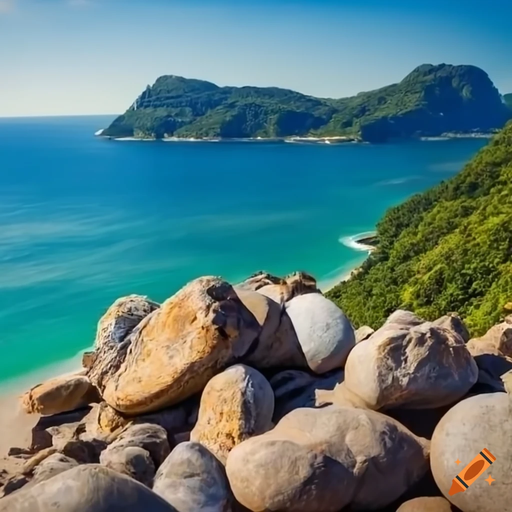 Sunny beach rocks on mountain top on Craiyon