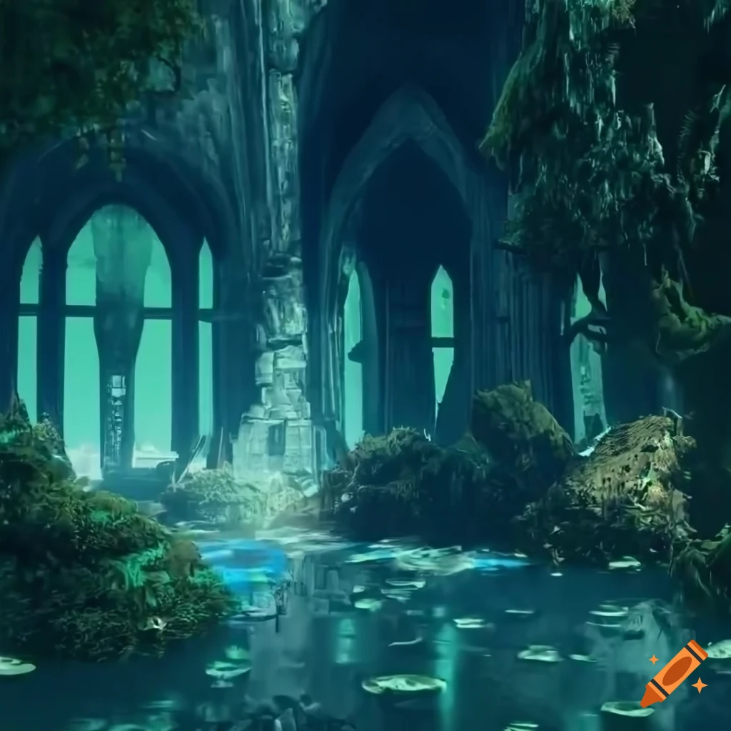 A mystic cathedral filled with crystals, pond, lush vegetation, stone ...