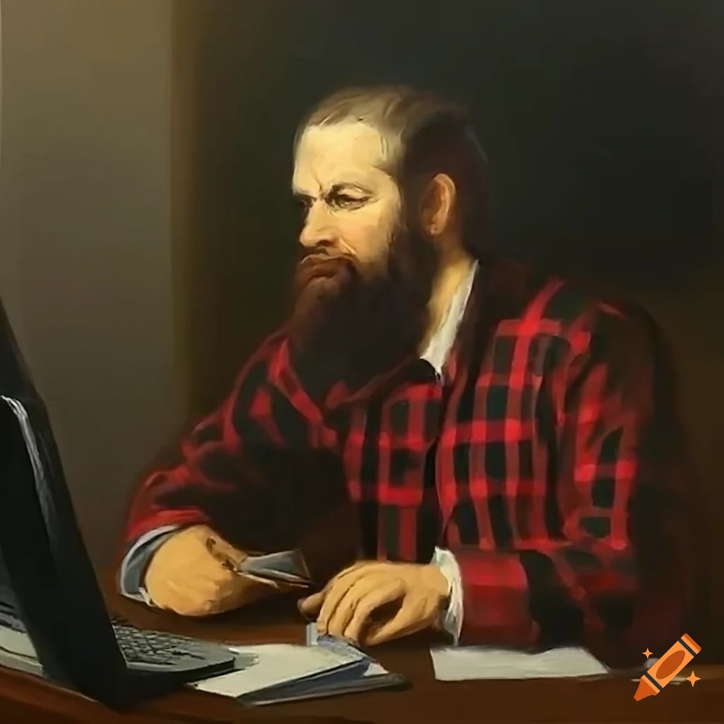 Classic painting of a bearded programmer working at a desk on Craiyon