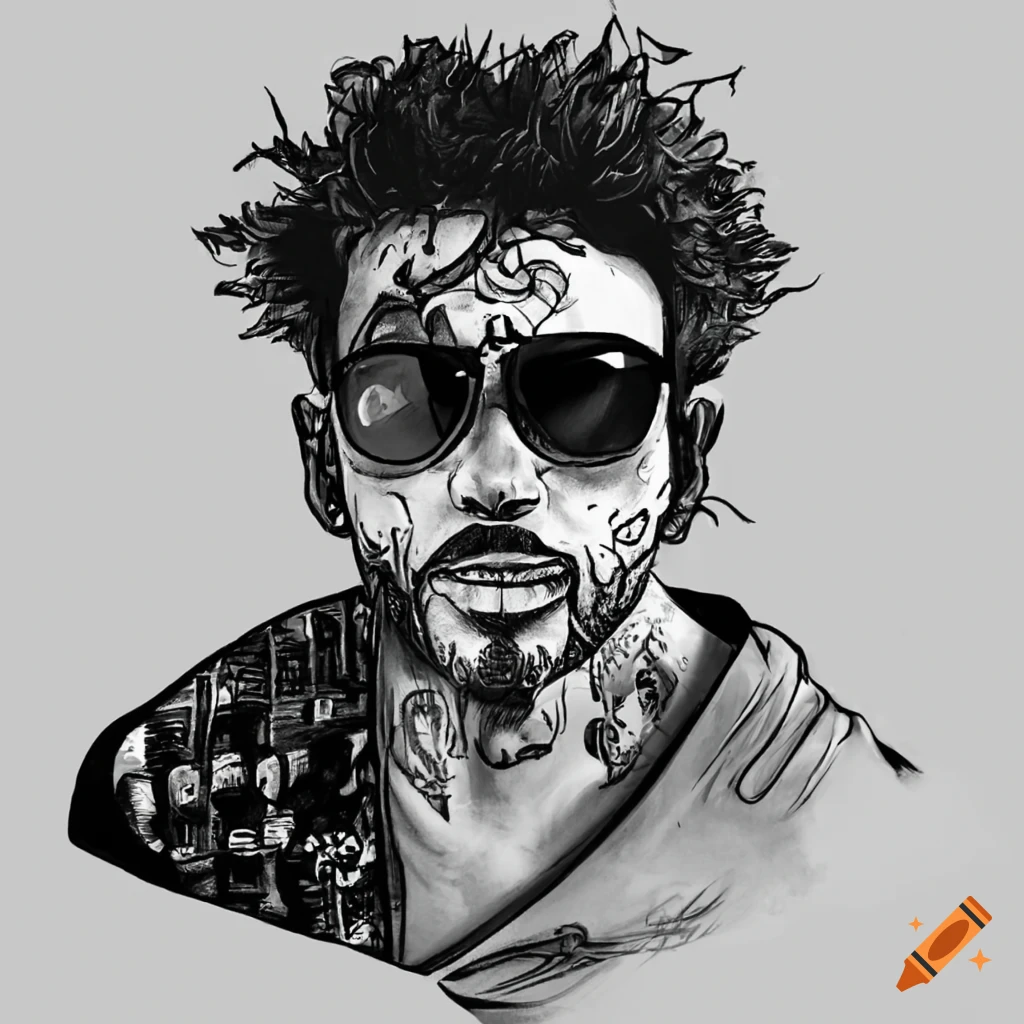 Artistic portrait of a tattooed man between buildings