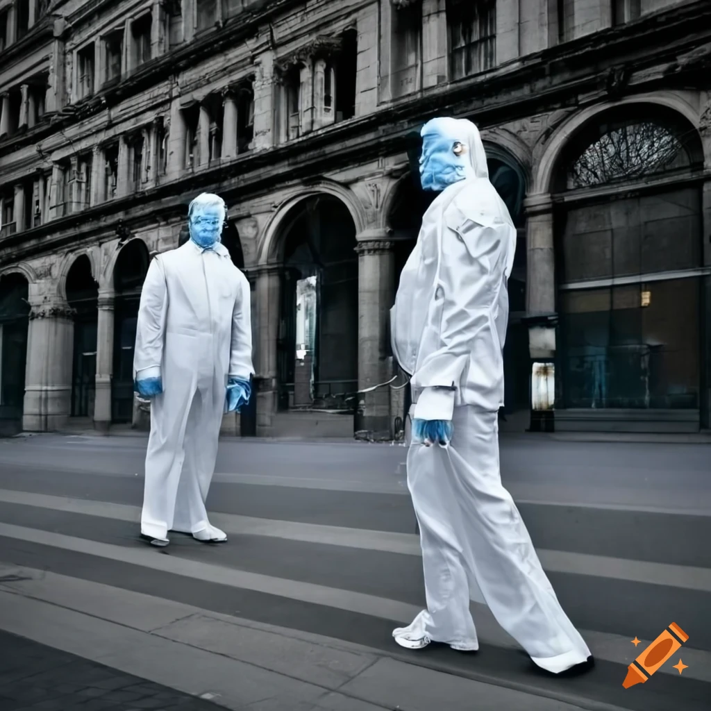 Blue man group member in a white suit performing on the street on Craiyon