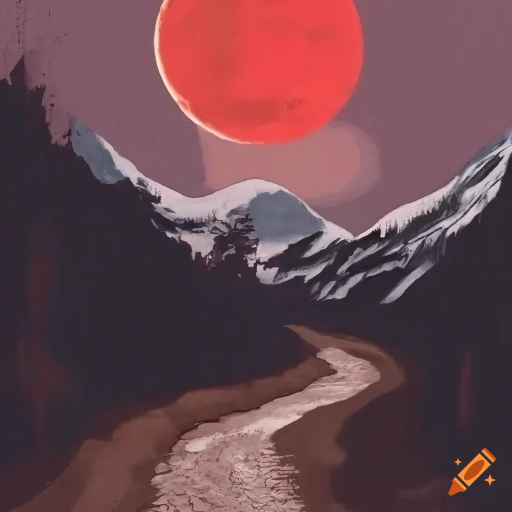 Ink painting of a mountain road under red moon