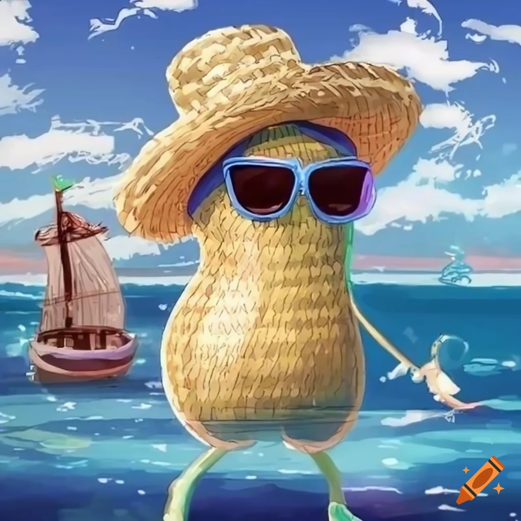 Anime-style depiction of a happy peanut on a pirate ship on Craiyon