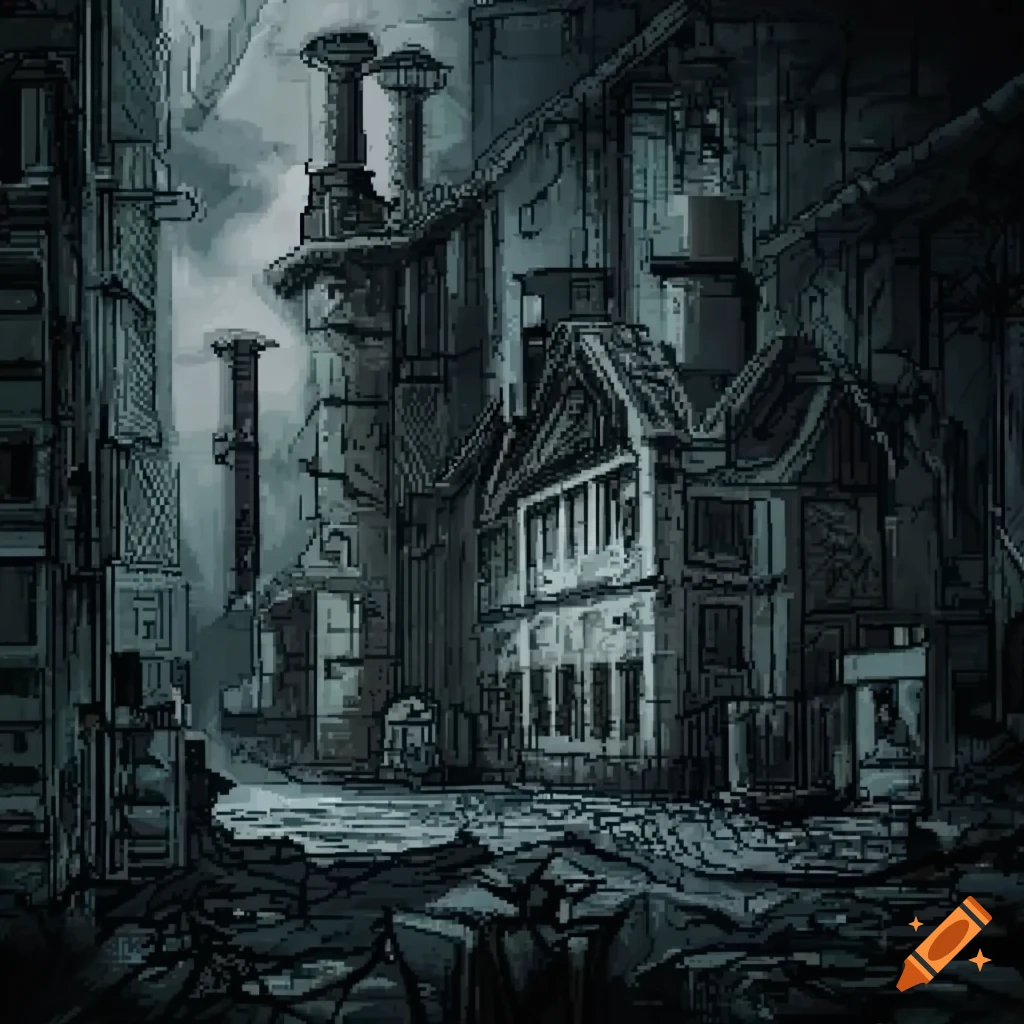 Pixel art representation of an abandoned factory on Craiyon