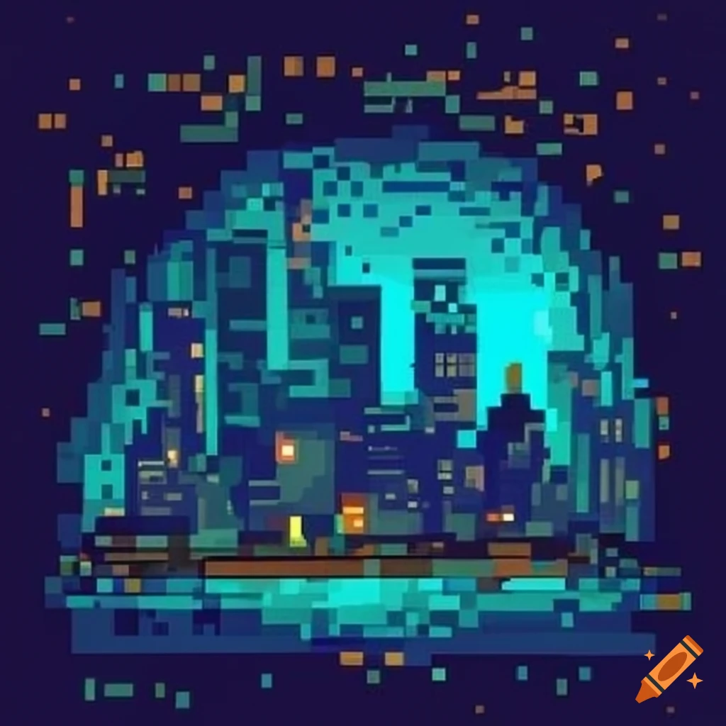 Pixelated cityscape with a mysterious vibe on Craiyon