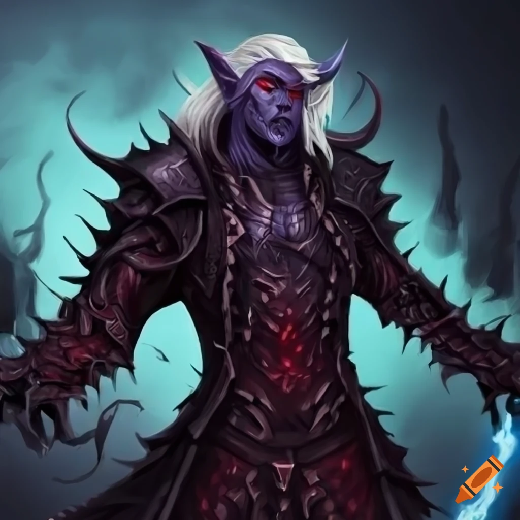 Artistic depiction of a male warlock drow fiend with red eyes