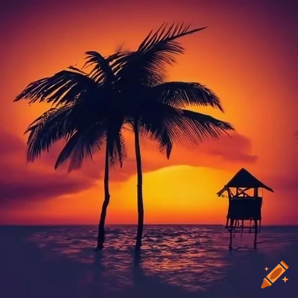 Sunset on a tropical beach with palm trees and a thatch shack