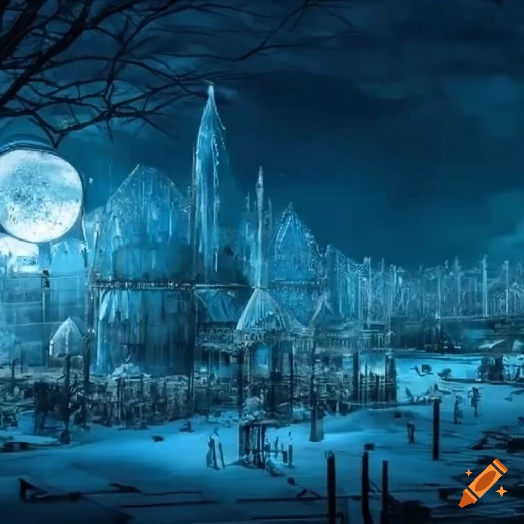 Glass greenhouse in a frozen fantasy city on Craiyon