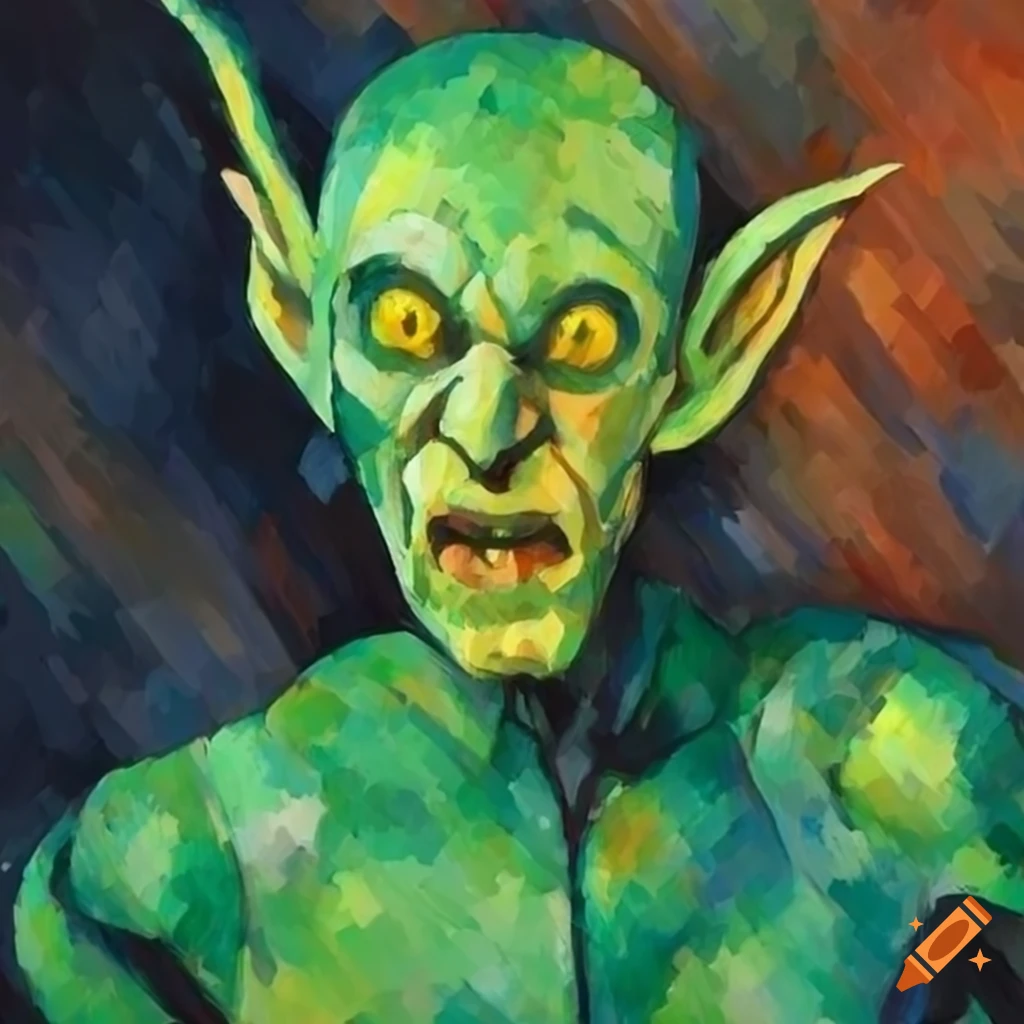 Green goblin biting a crystal with cloudy trippy background on Craiyon