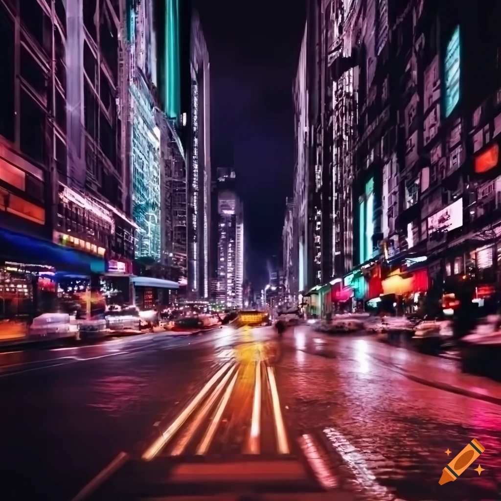 Vibrant cityscape at night with illuminated skyscrapers on Craiyon