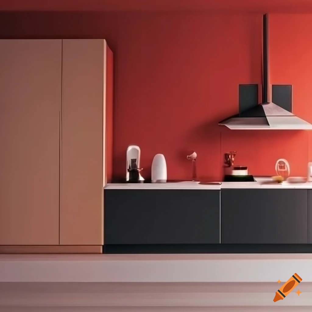 Minimalist kitchen design with natural materials in red and yellow ...