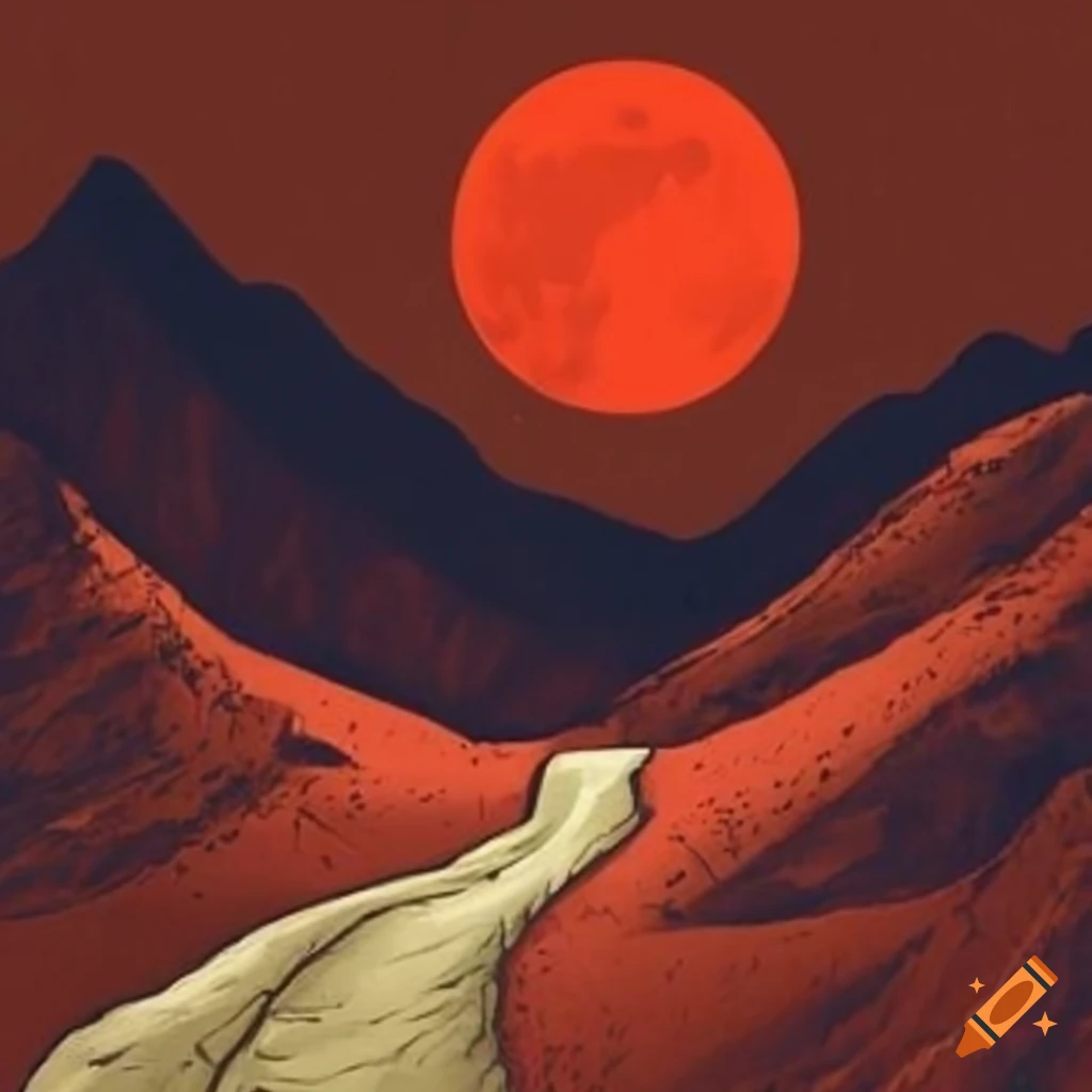 Ink painting of a road leading to mountains under red moon on Craiyon