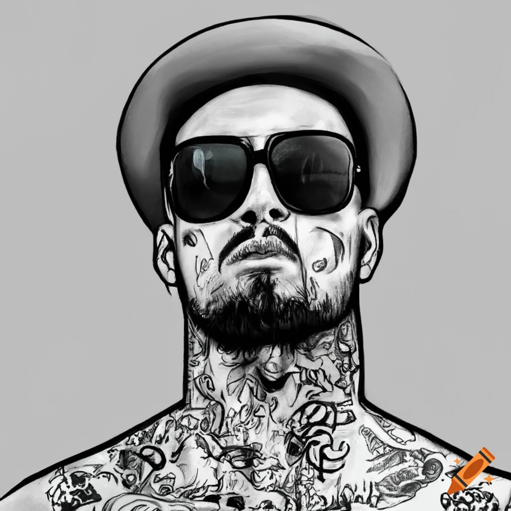 Drawing of a cool tattooed man in sunglasses amidst buildings on Craiyon