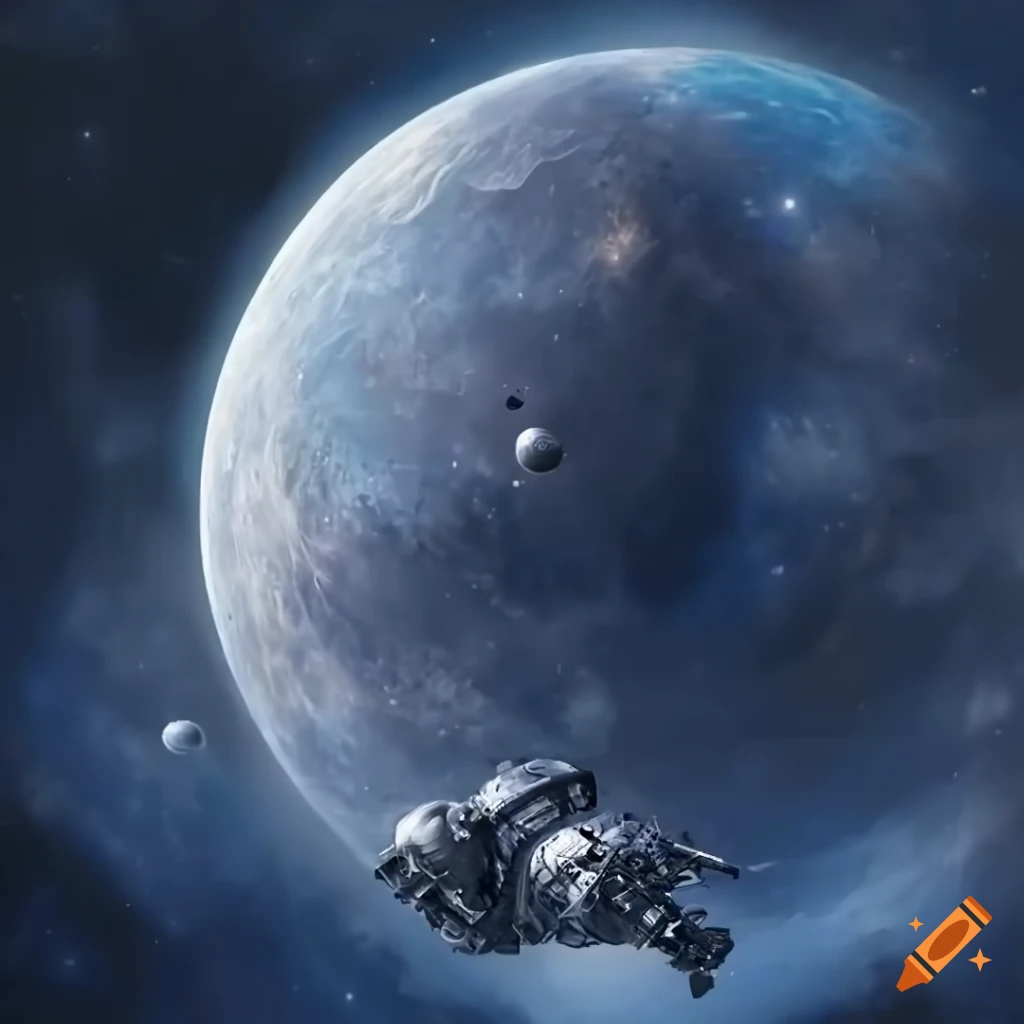 80s spaceship movie poster with a flying capital ship and whale bristling with guns and radar ...