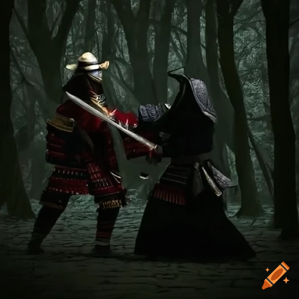 Samurai warriors fighting in a dark forest