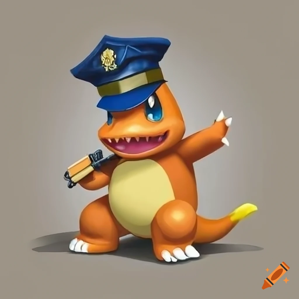 Charmander with a police hat and rifle