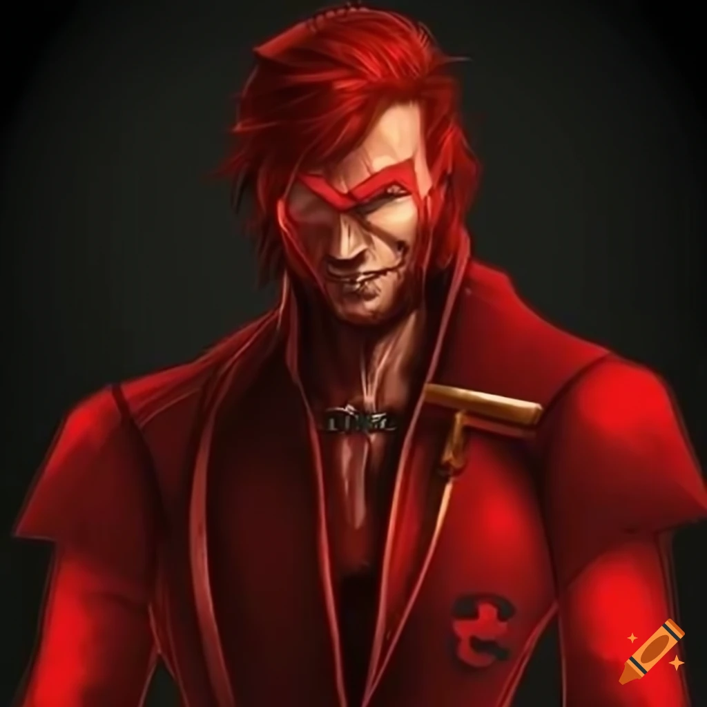 Playful male superhero in a red high-tech costume on Craiyon