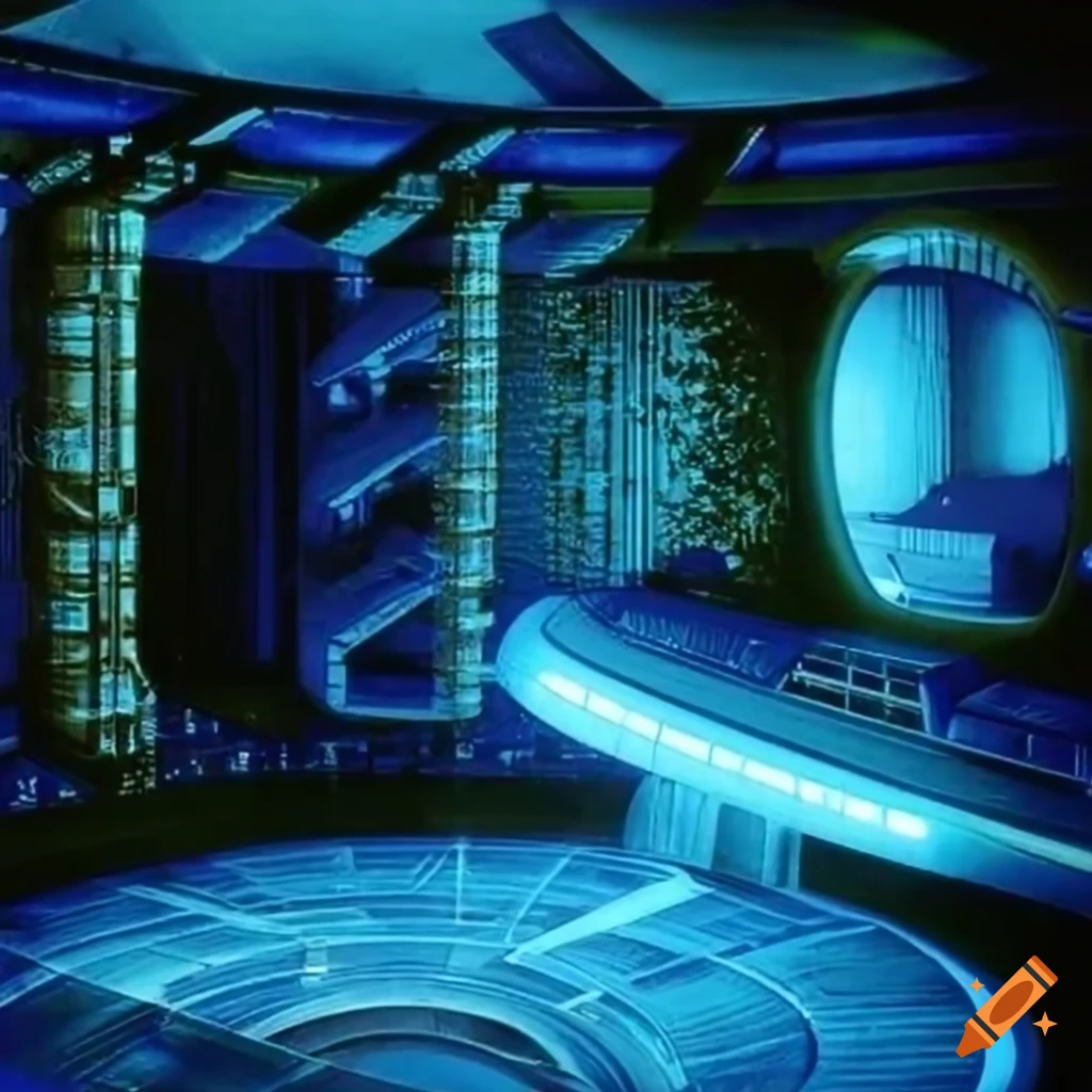 Retro-futuristic office scene with advanced technology on Craiyon