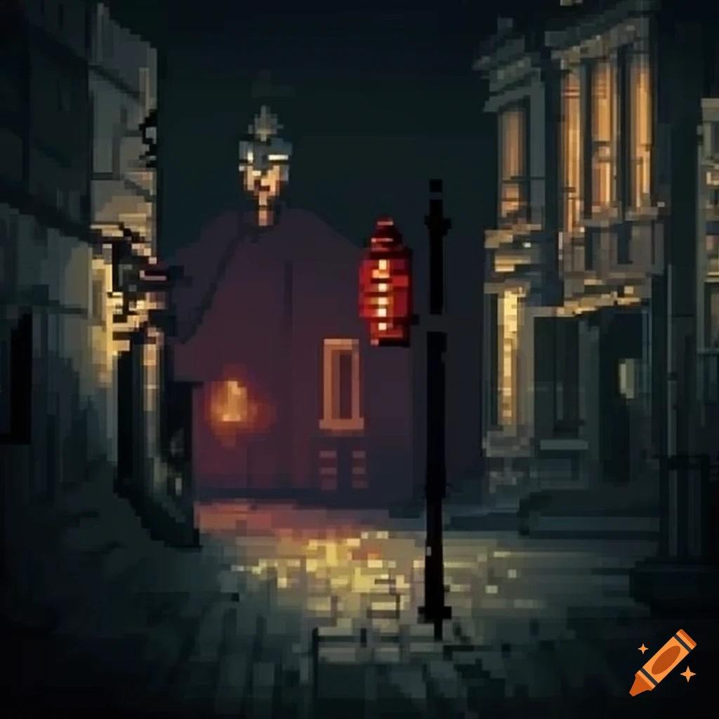 Grim dark pixel art street scene on Craiyon