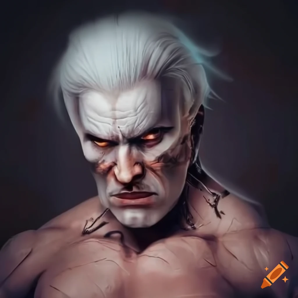 Image of a muscular supervillain with white hair and fiery visor on Craiyon