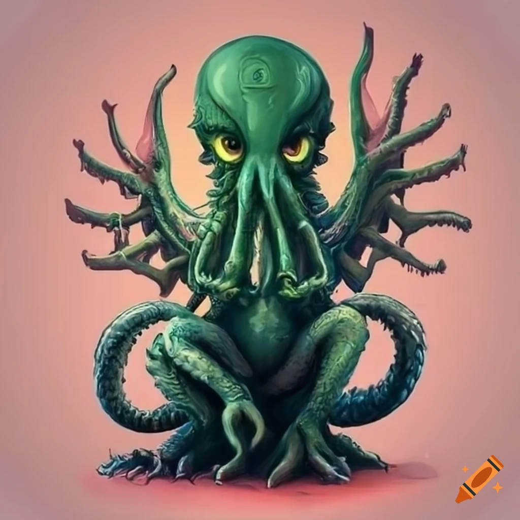 Illustration of a cthulhu-like creature with paws and wings on Craiyon