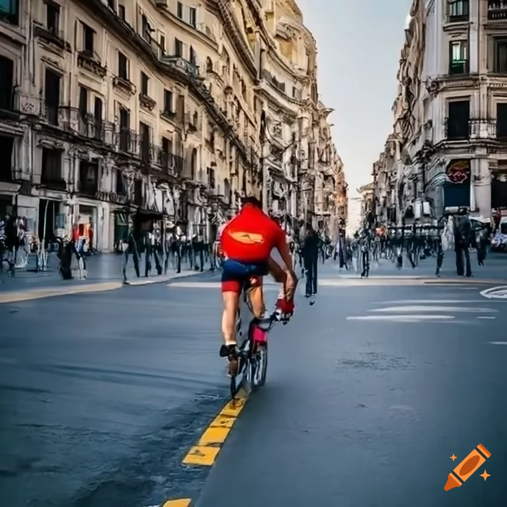 Superman riding a bicycle on a cobblestone street from the middle ages ...