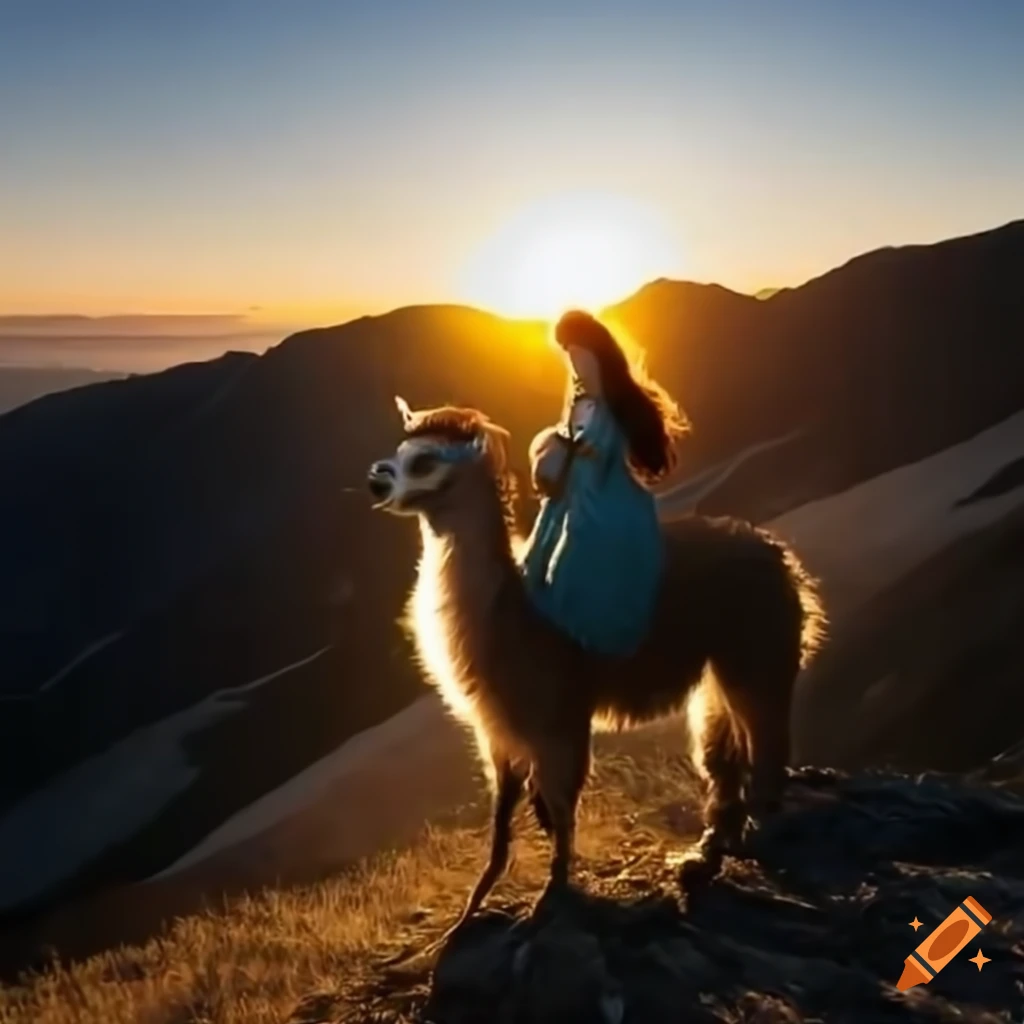 Girl riding a llama at sunset in the mountains