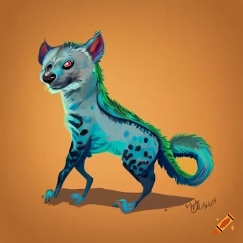 Illustration of a blue and green hyena with a colorful beak on Craiyon