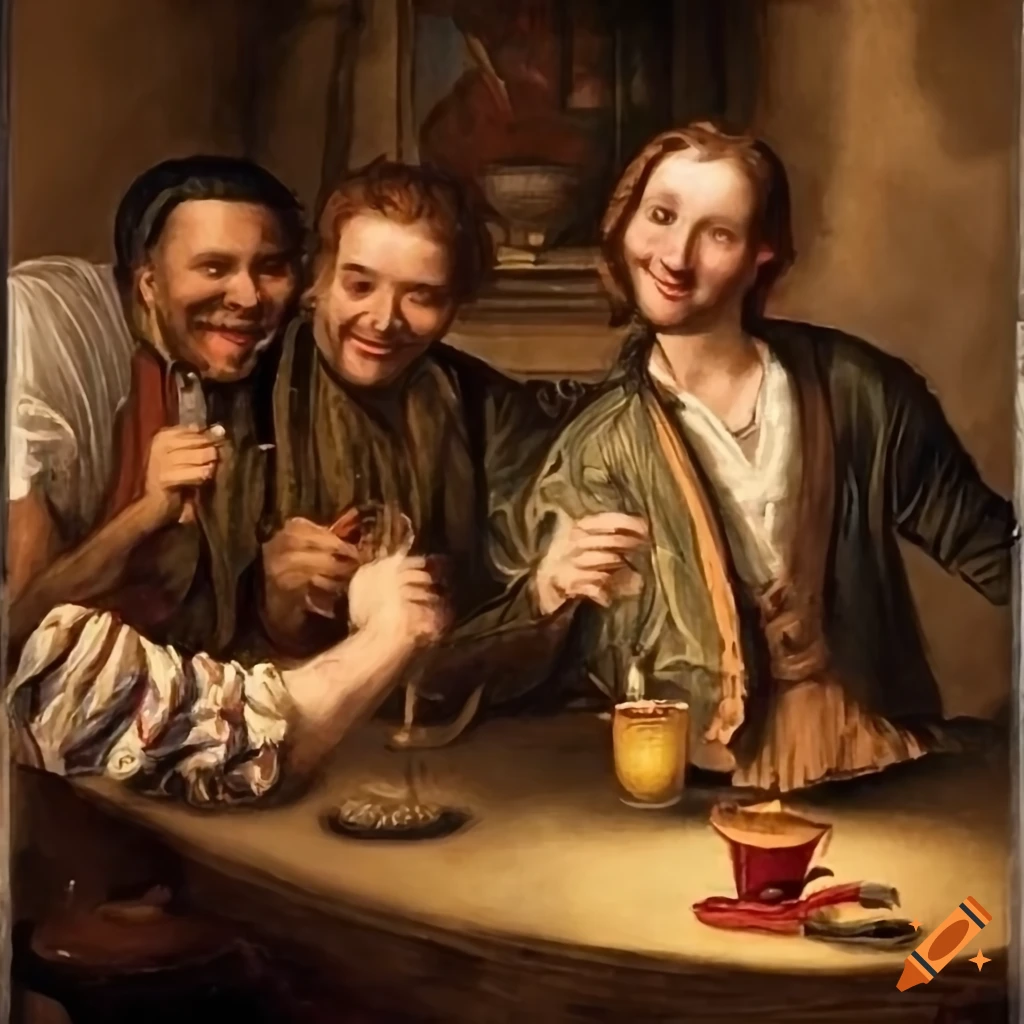 Renaissance style painting of three friends celebrating birthday in a ...