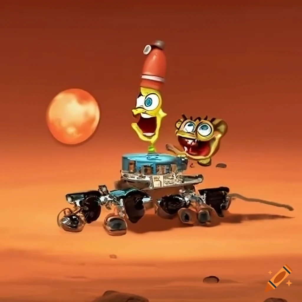 Spongebob riding a rover on mars