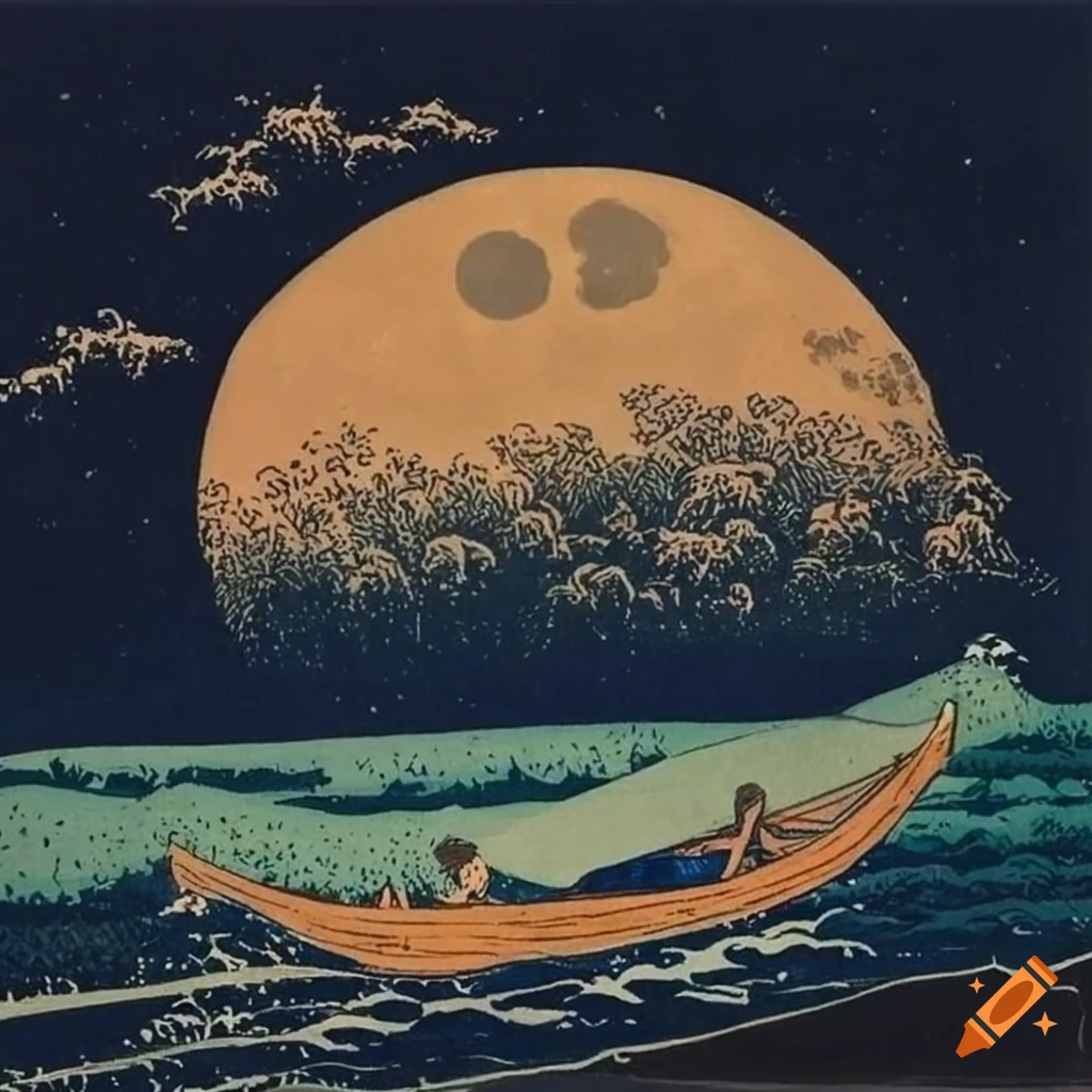 Art of a couple on a boat during a storm with a dark moon in the sky on ...