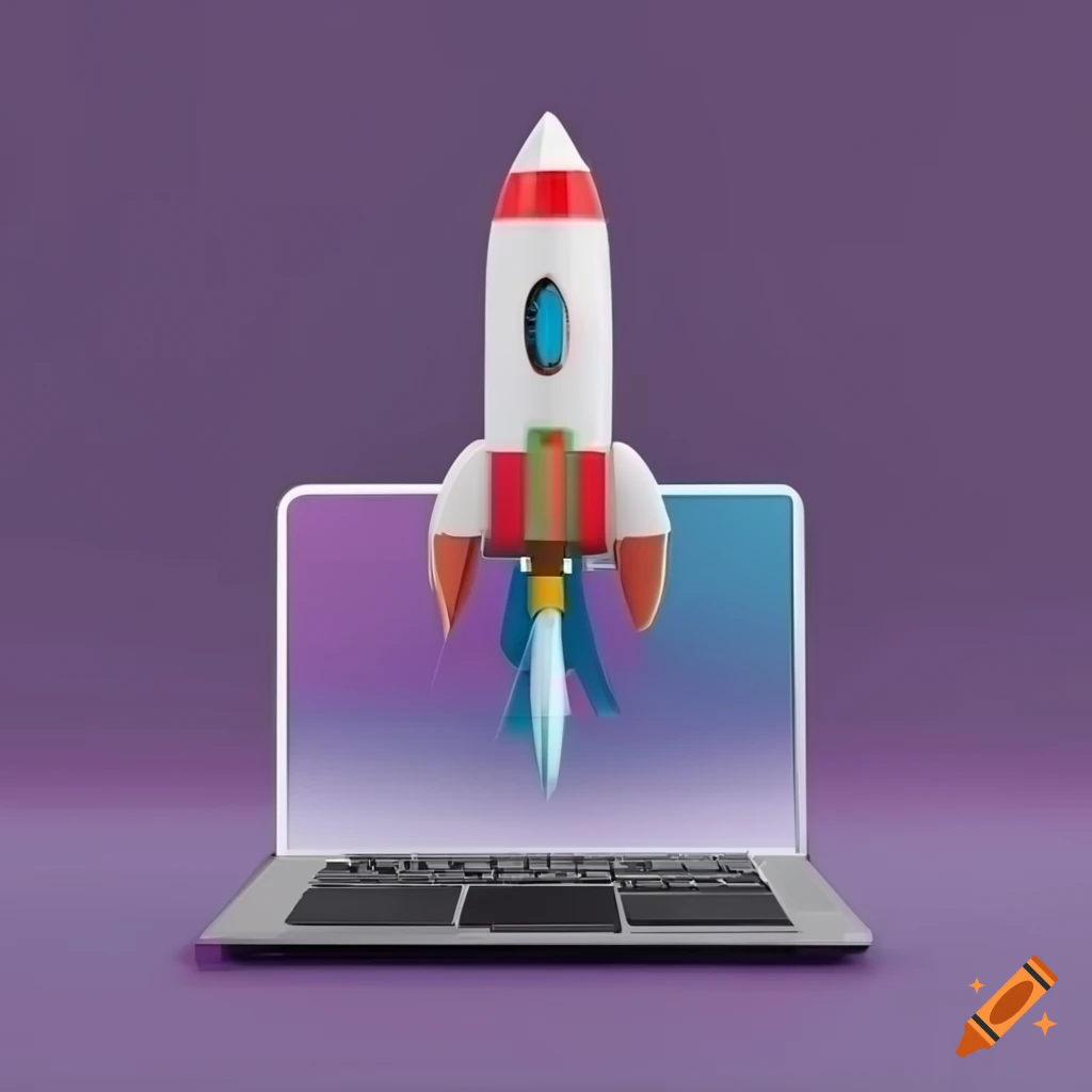 3D illustration of a rocket flying out of a laptop screen on Craiyon