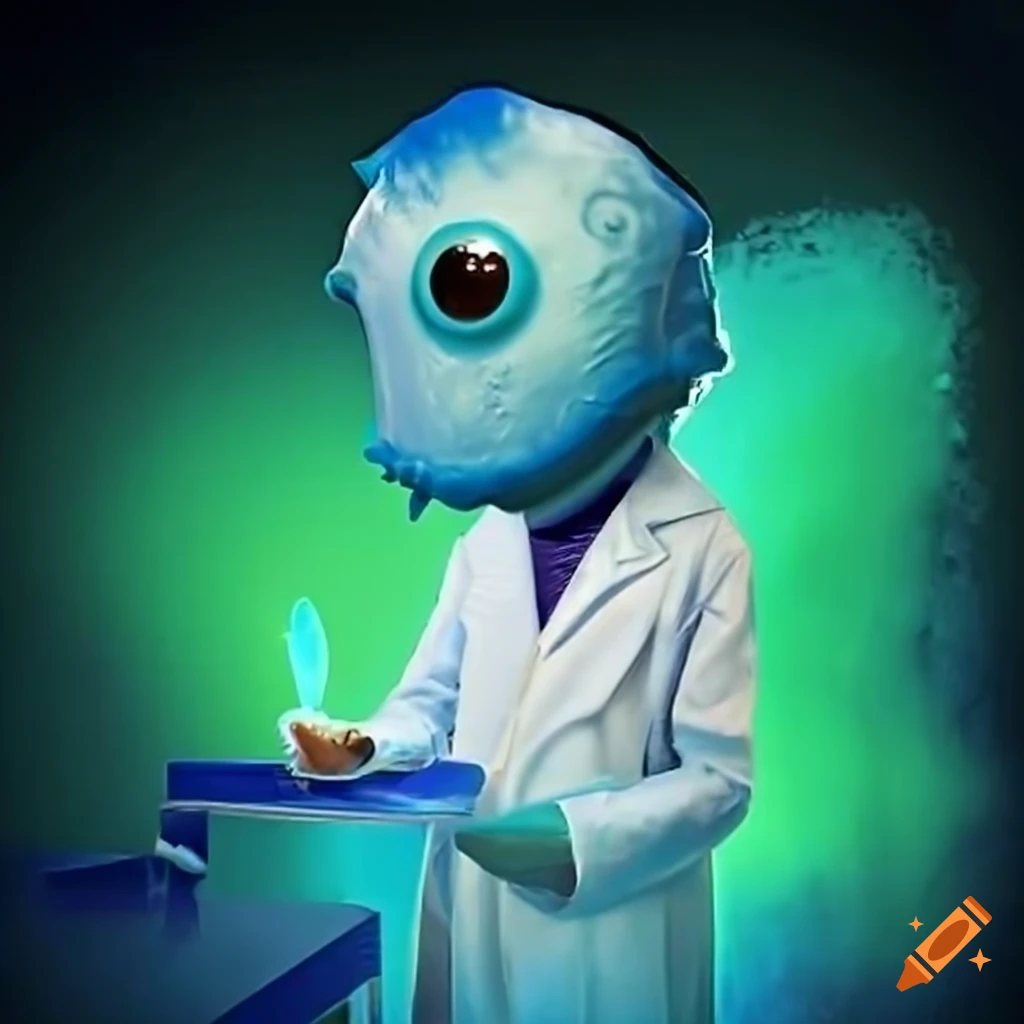 Friendly blue monster in a lab coat next to a laboratory table on Craiyon