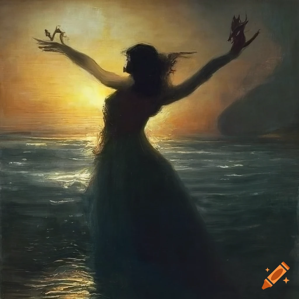 Painting of a girl dancing by the sea at sunset on Craiyon