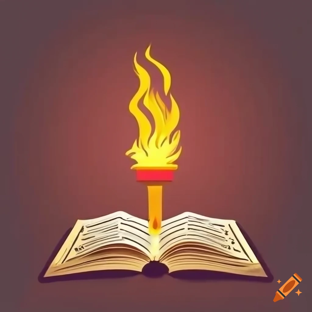 Logo with an open book and torch, red and gold color palette on Craiyon