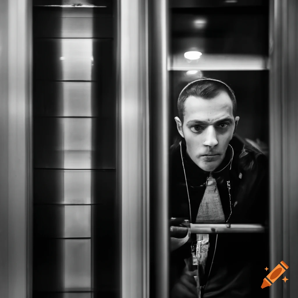 Black and white photo of a man inside an elevator on Craiyon