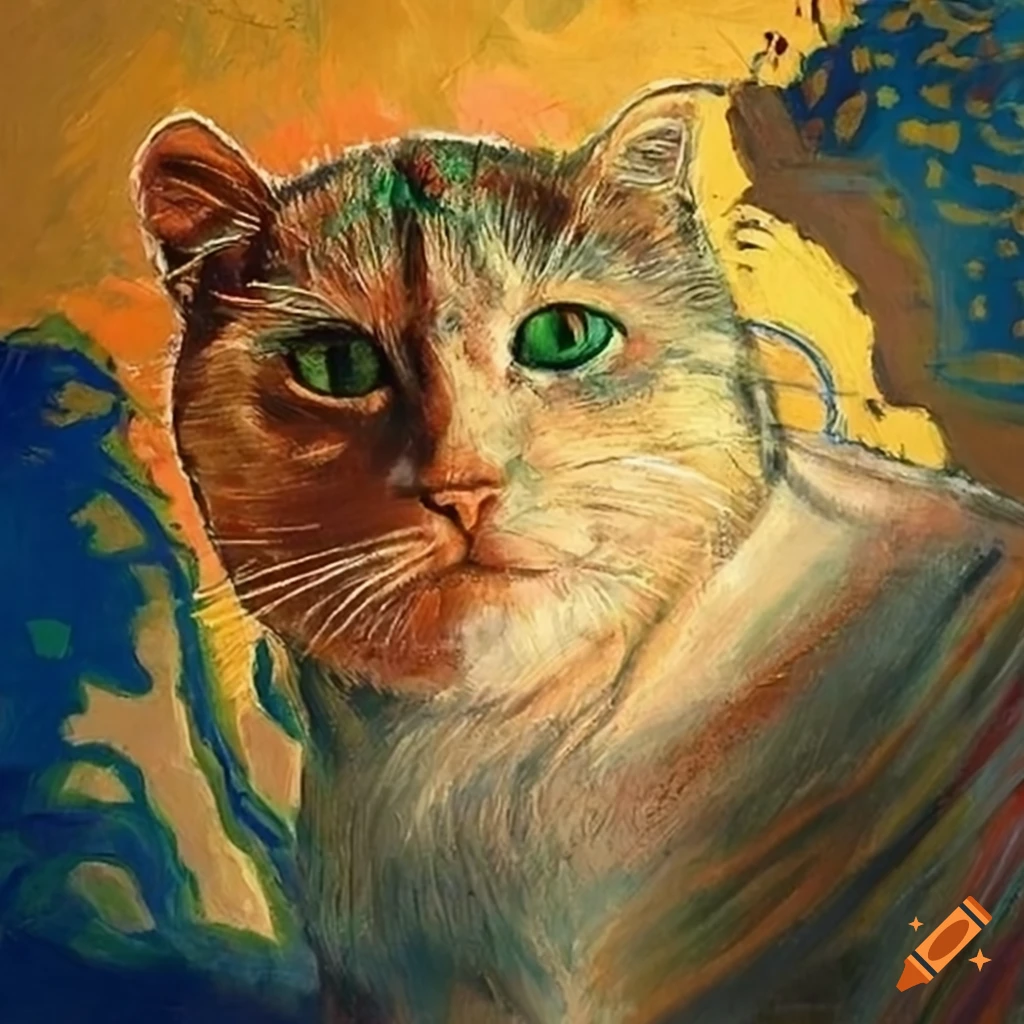 Van gogh style portrait of a black and white cat by a window on Craiyon