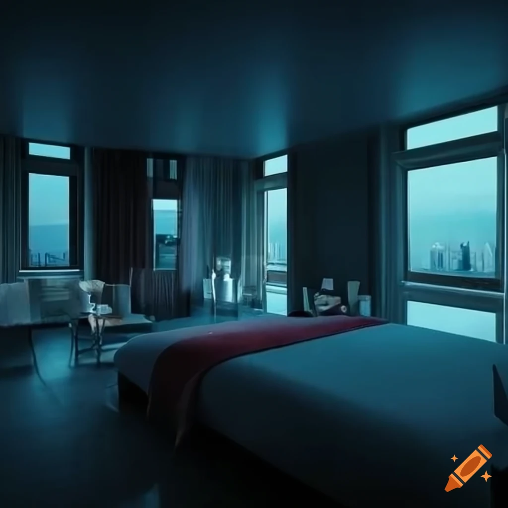 Luxurious hotel room with a surreal city view on Craiyon