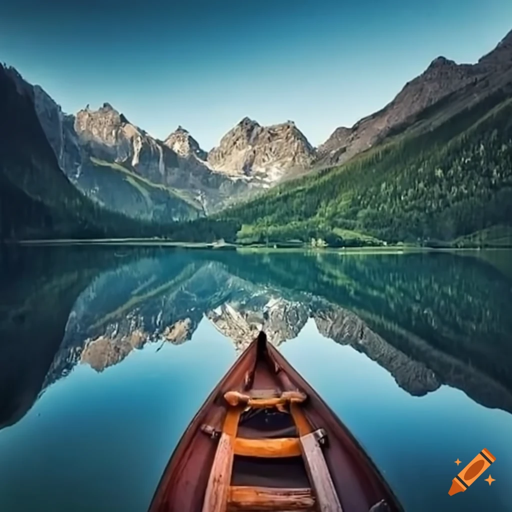 Ruderboot on a mountain lake with alpine panorama on Craiyon