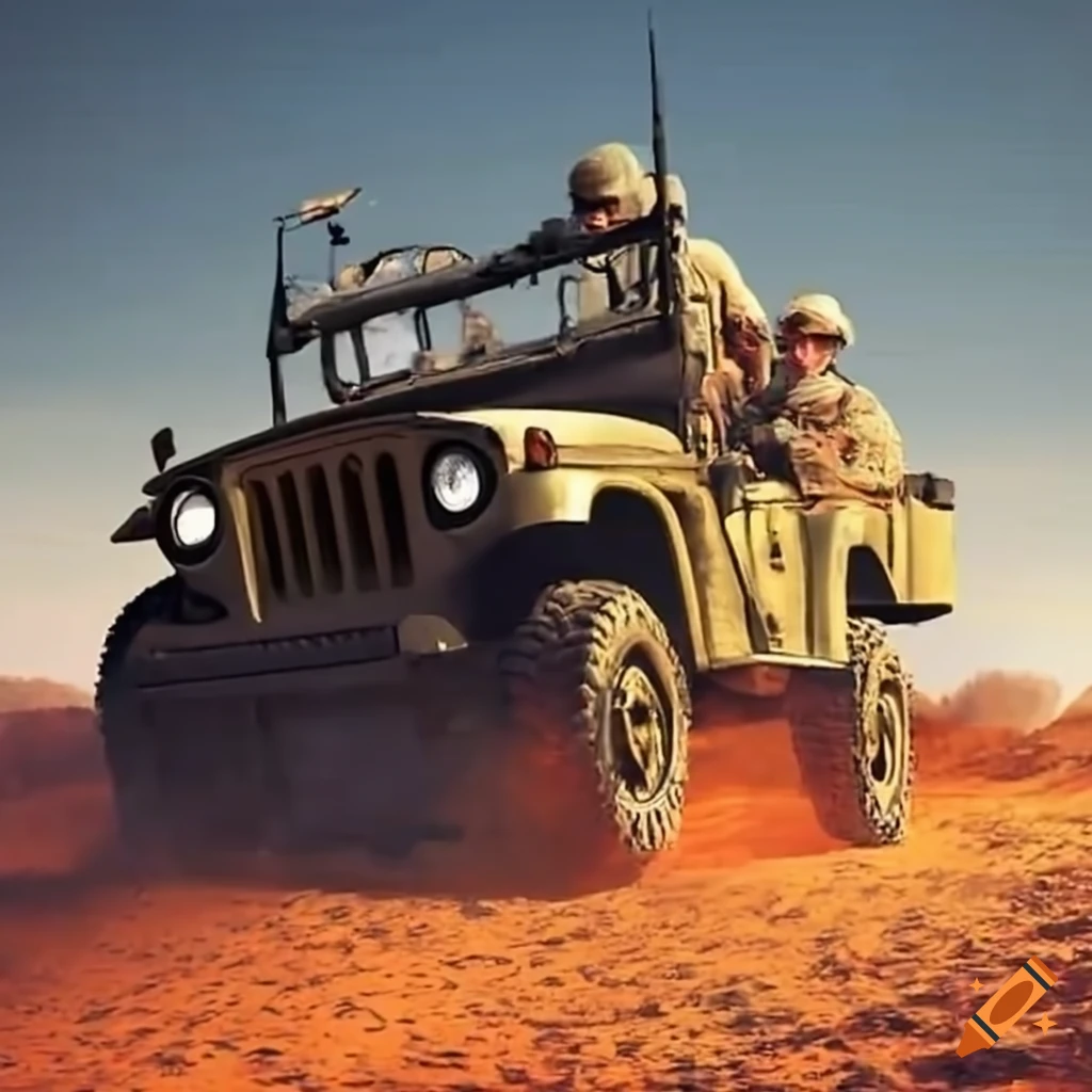 Military jeep driving down a dirt road on Craiyon
