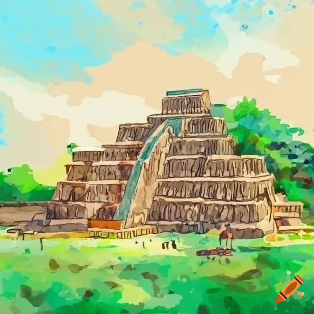 Ancient civilization with stone buildings and a central temple on Craiyon