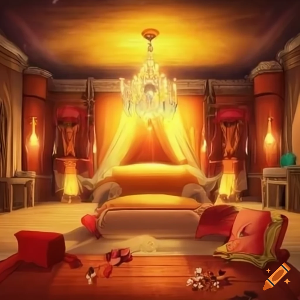 Anime royal bedroom with orange chandeliers and yellow bed on Craiyon