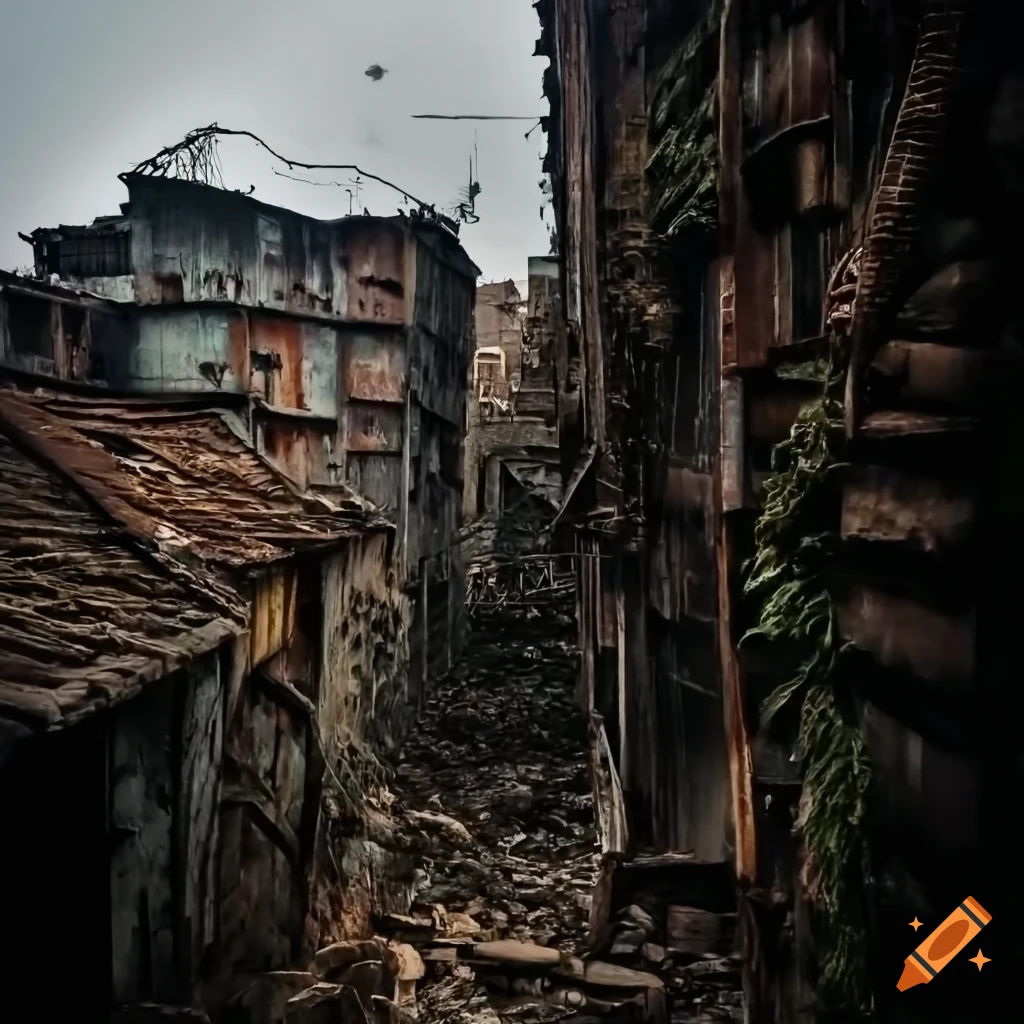 View from rooftop of old industrial slums on Craiyon