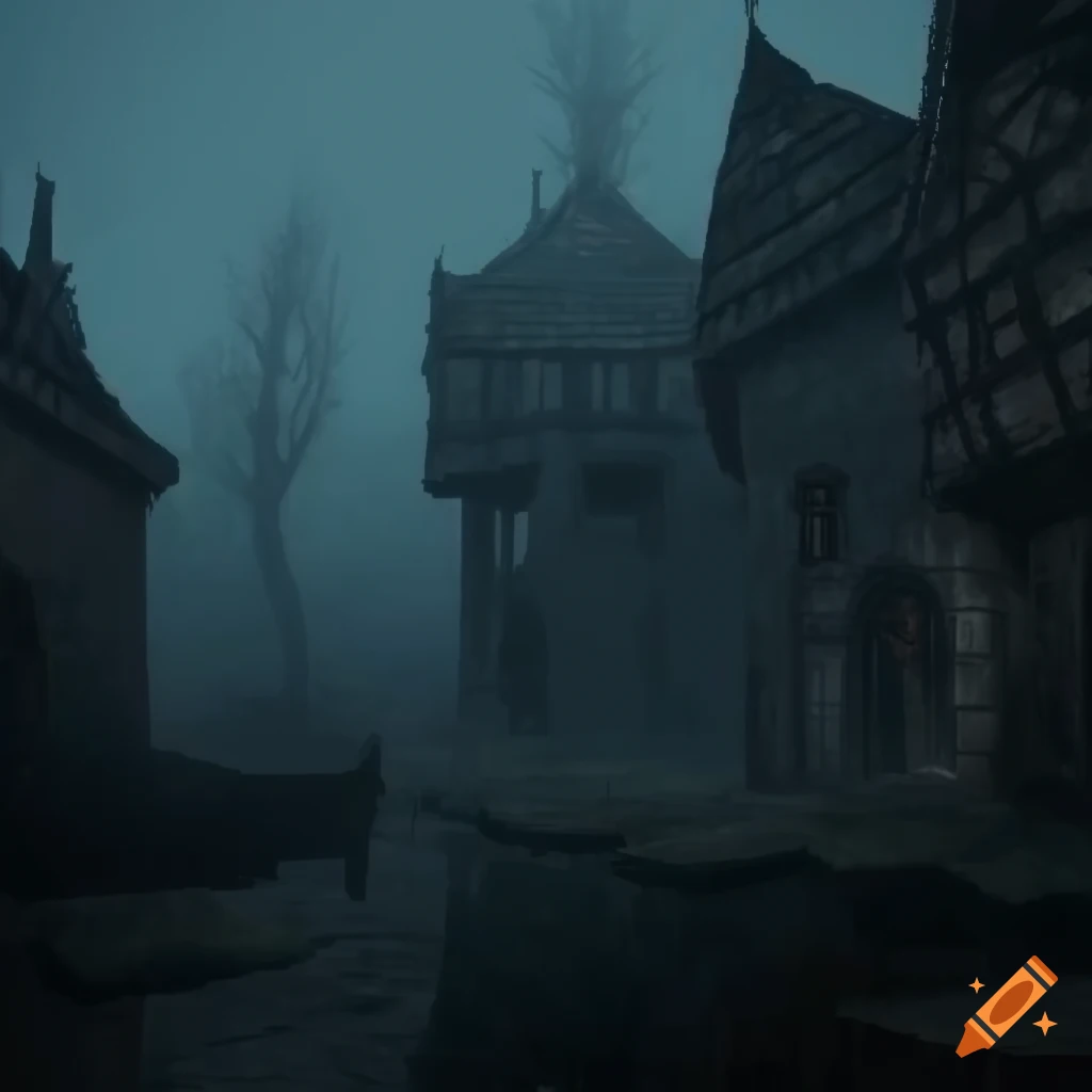 Dark and foggy rural landscape in a fantasy world on Craiyon