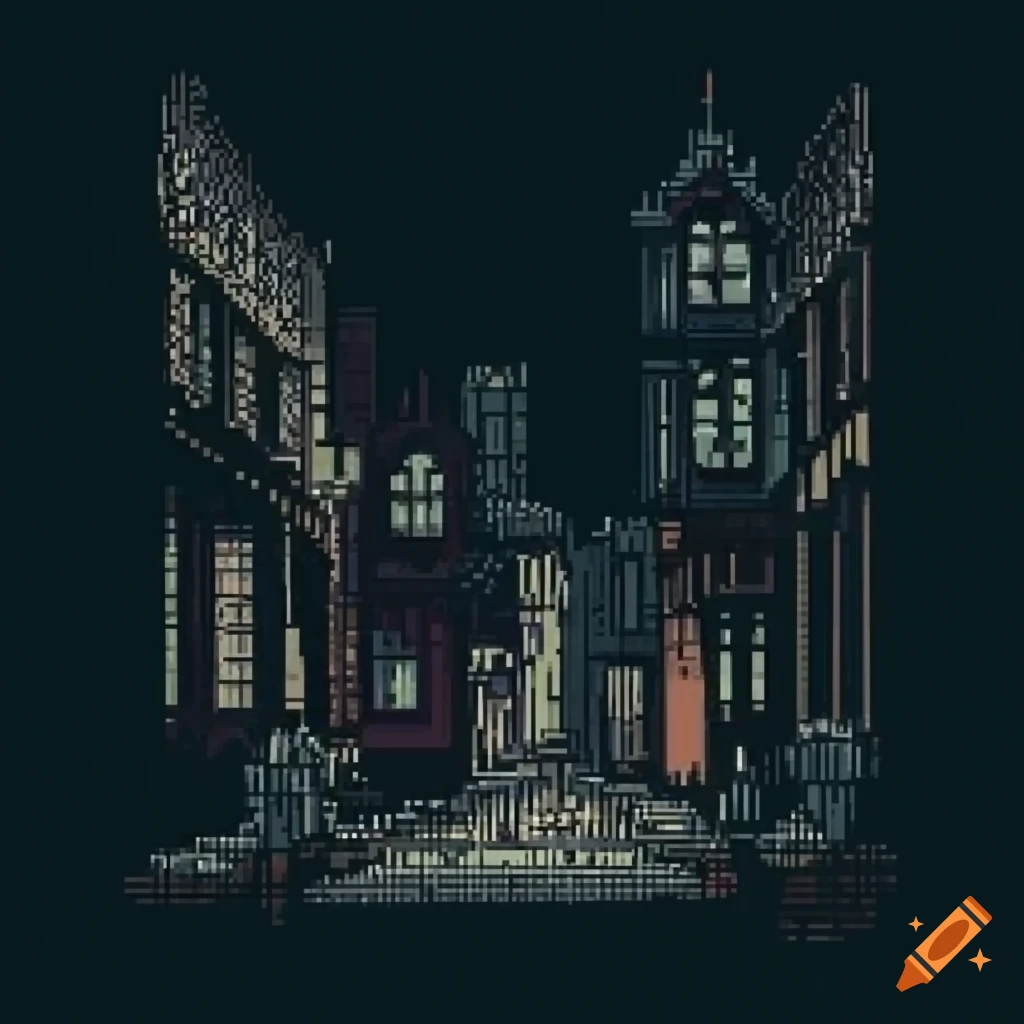 Pixel art street scene with a dark gothic victorian style