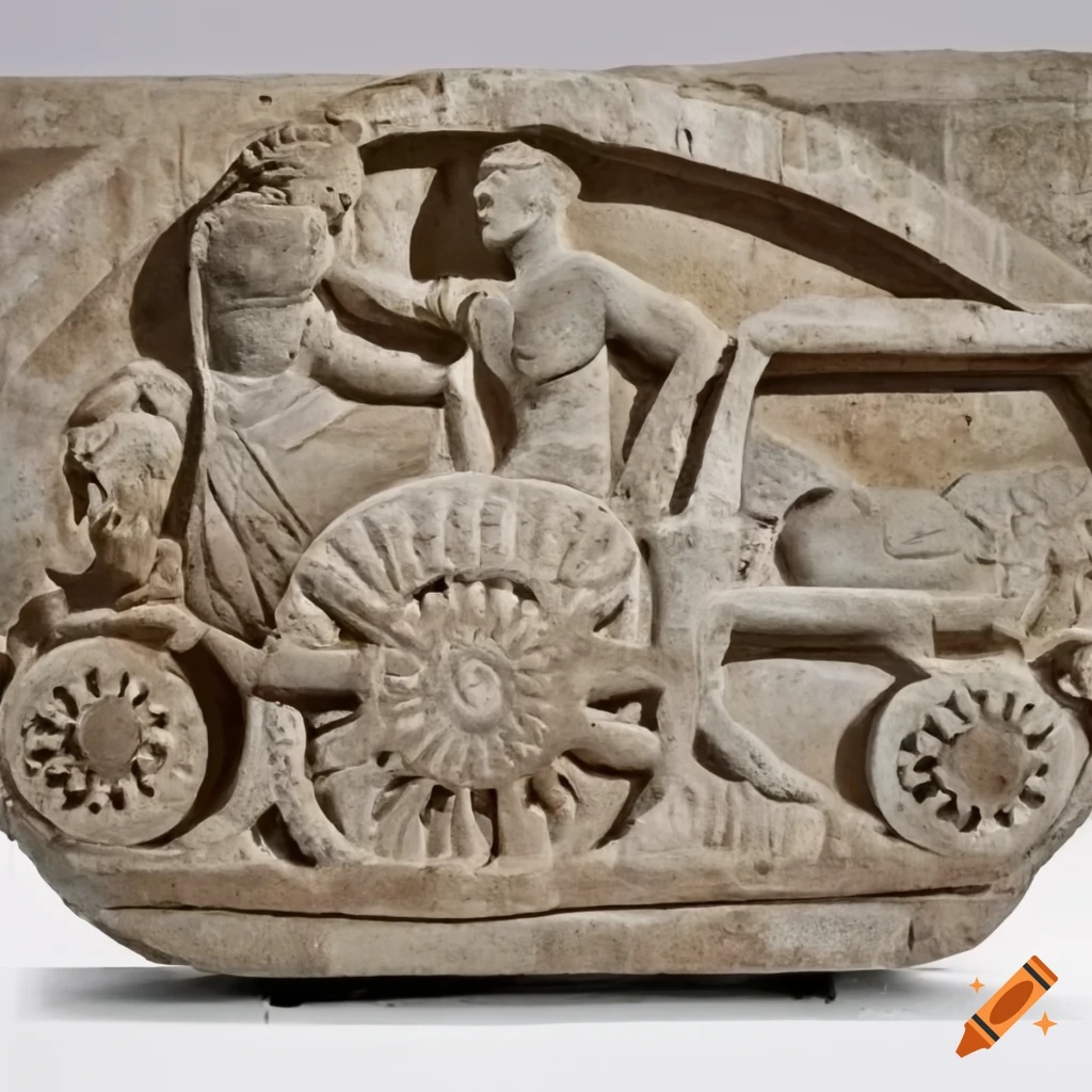 Greek stone relief of horseless carriages on Craiyon